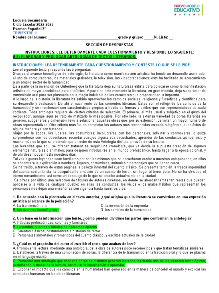 Examen Espa Ol 3ų Segundo Trimestre | PDF | Experimentar | Autor