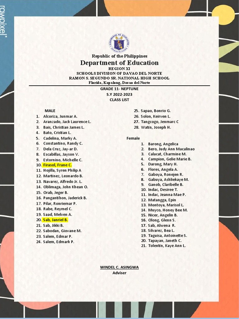 Grade 11-Neptune Class List for the Ramon S. Segundo Sr. National High ...