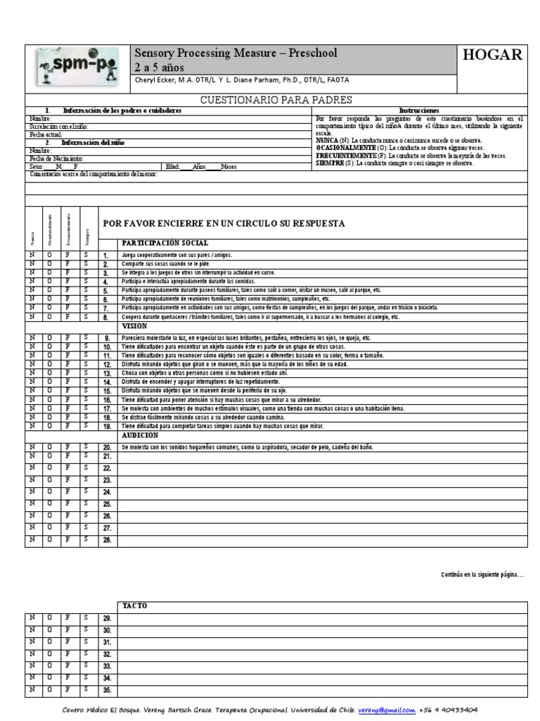 Sensory Processing Measure Preschool Pdf 