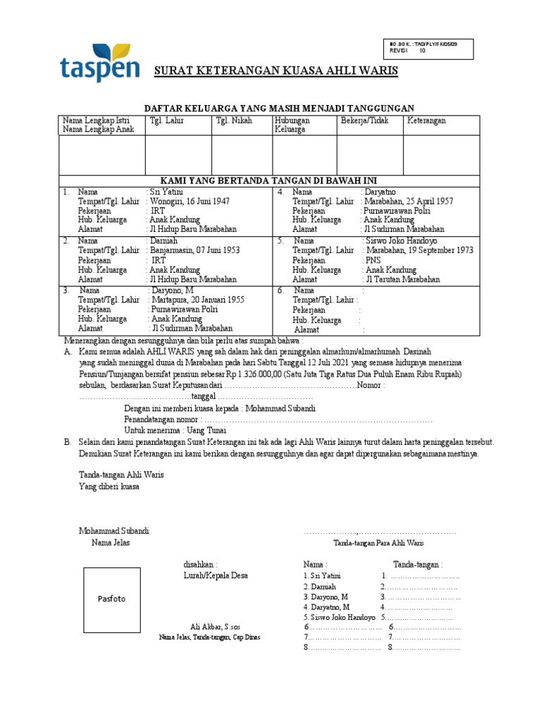 Form Kuasa Ahli Waris | PDF