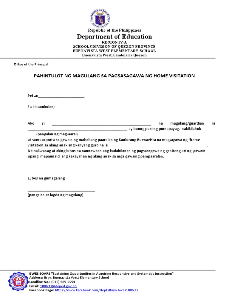 Consent Form Parents To Conduct Home Visitation | PDF