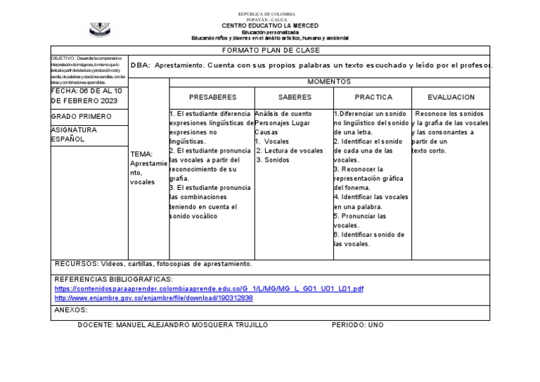 Formato Plan Clase 2023 Español Grado Primero | PDF | Maestros | Lengua española