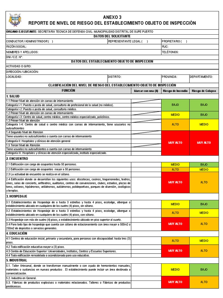 Anexo 3 - Formato Del Nivel de Riesgo (Para Ser Llenado Por El Funcionario de La MDSP) . | PDF ...