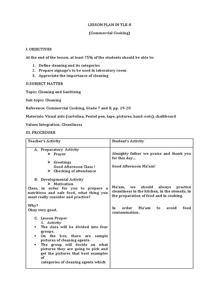 Lesson Plan in Cleaning | PDF