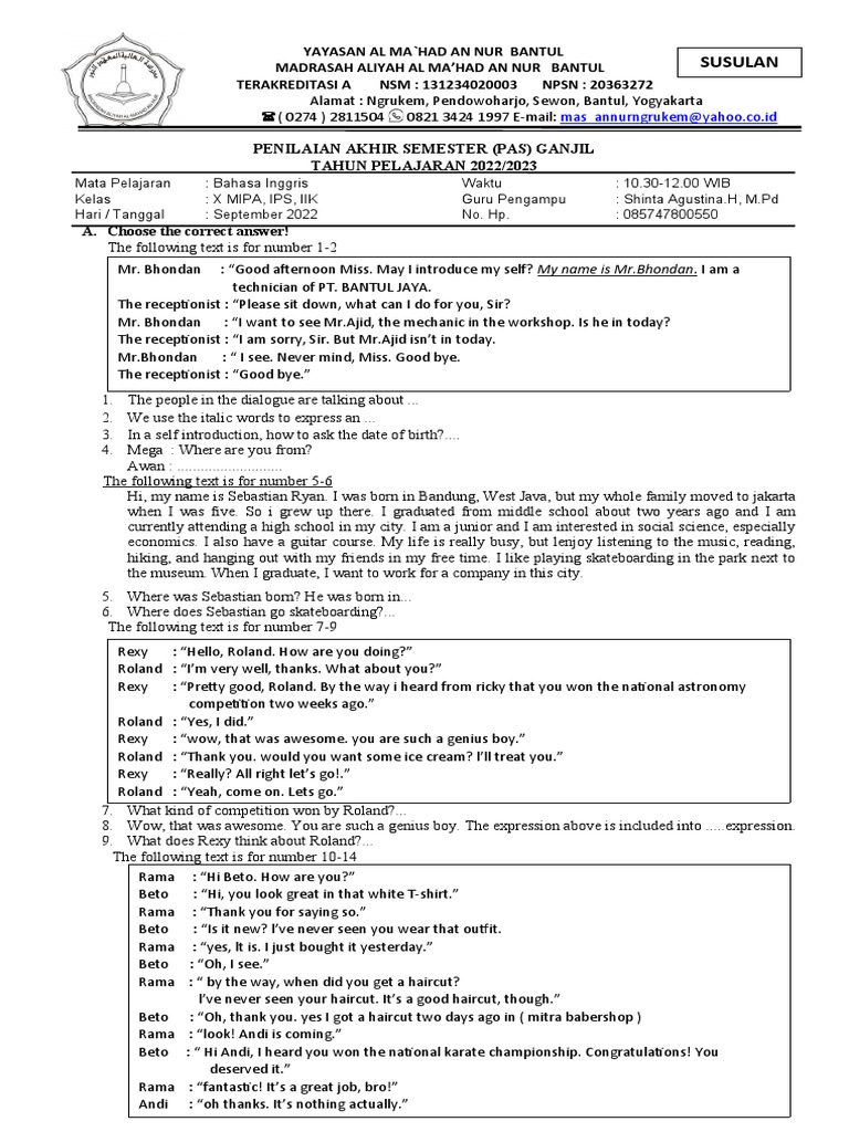 Bahasa Inggris Kls X Mipa - Ips.iik Soal Pts Ganjil 2022-2023 Susulan | PDF