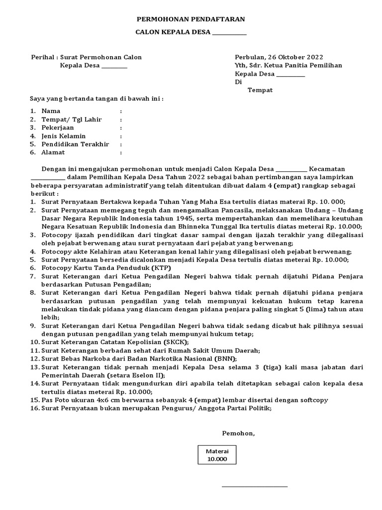 Permohonan Calon Kepala Desa 2022 | PDF