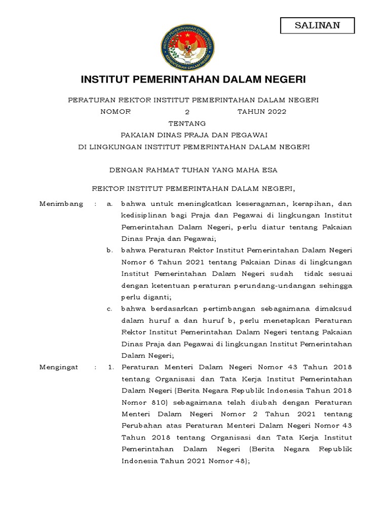 Peraturan Rektor Tentang Pakaian Dinas Praja Dan Pegawai Di Lingkungan ...