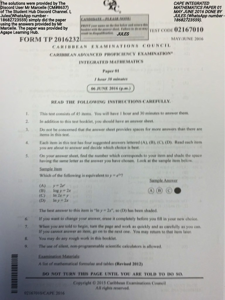 Cape Integrated Mathematics Paper 01 May June 2016 Done by Jules | PDF Cape Integrated Mathematics Paper 01 May June 2016 Done by Jules | PDF