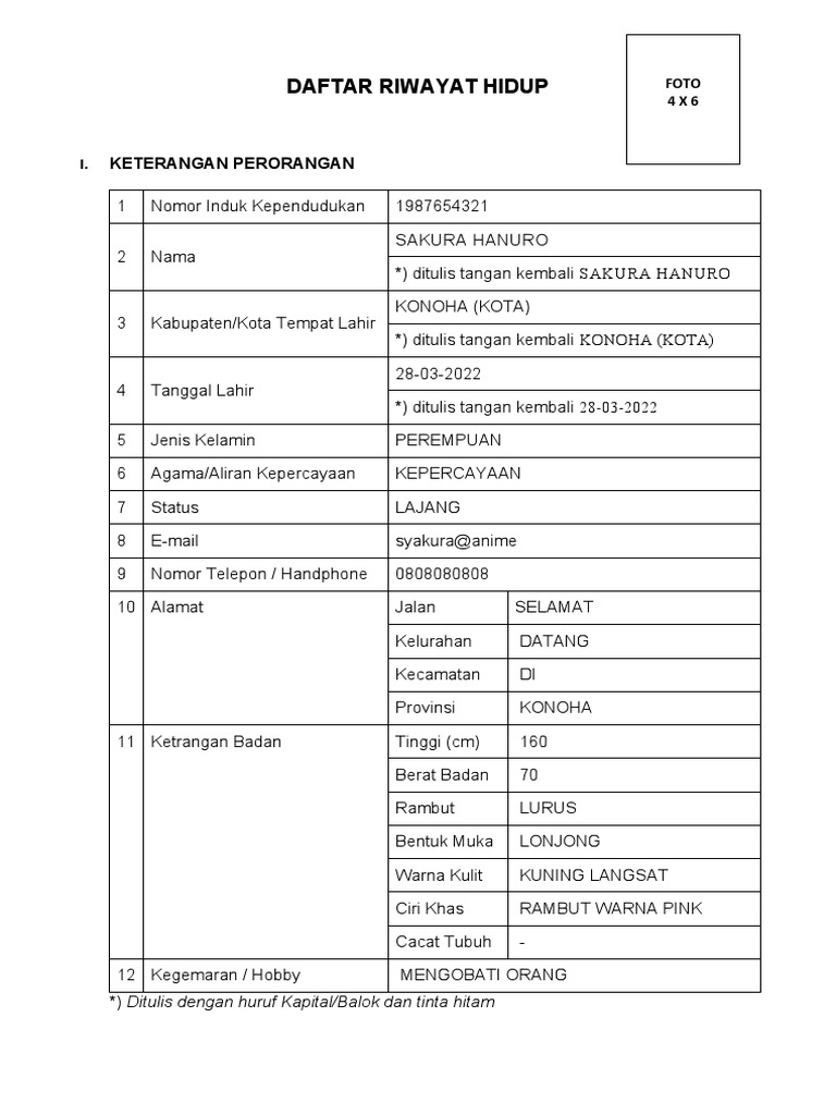 Contoh Cara Mengisi Daftar Riwayat Hidup | PDF