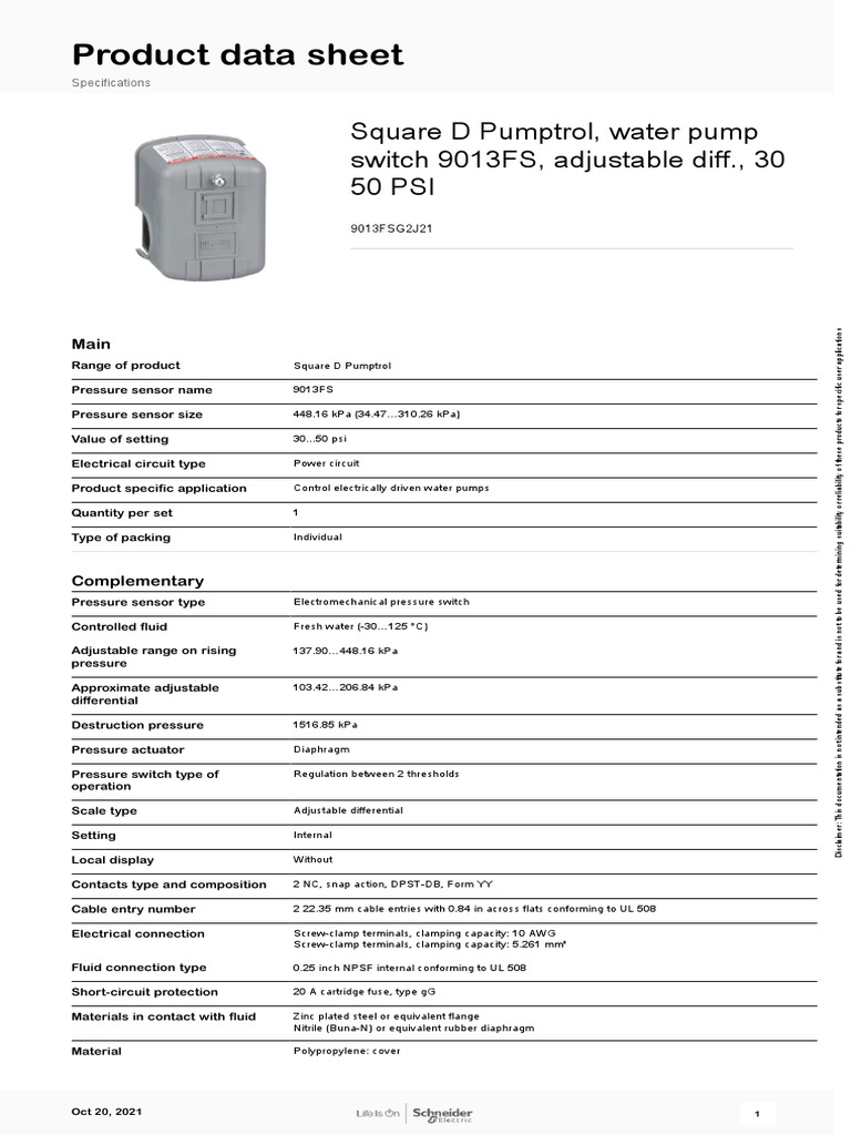 Square D Switches - 9013FSG2J21 | PDF | Pressure | Switch