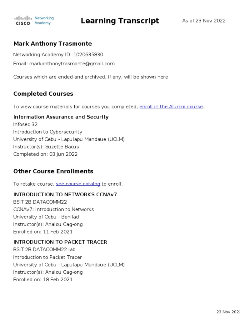 NetAcad Learning Transcript | PDF