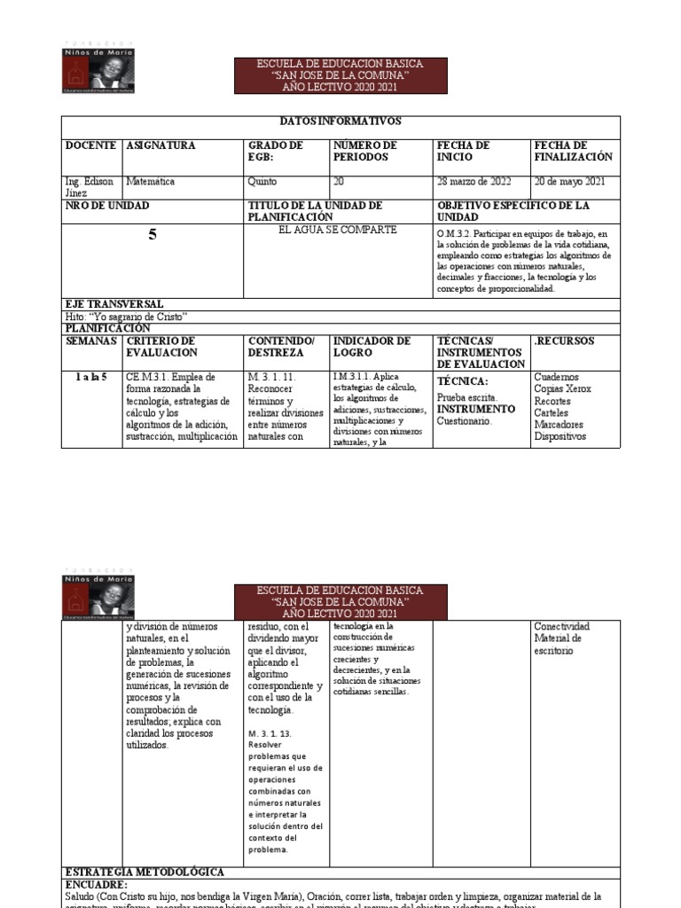 MATEMÁTICA 5ta Unidad 5to Grado 2021 2022 CON ADAPTACIÓN | PDF ...