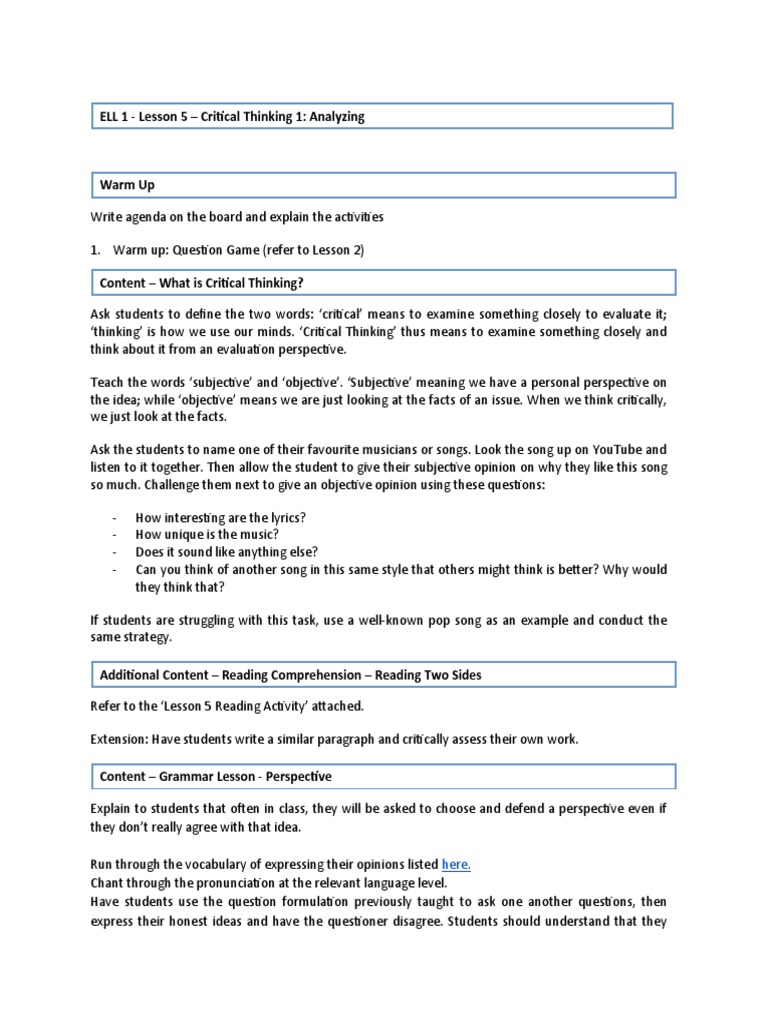 Lesson 5 - Detailed Lesson Plan | PDF | Critical Thinking | Thought