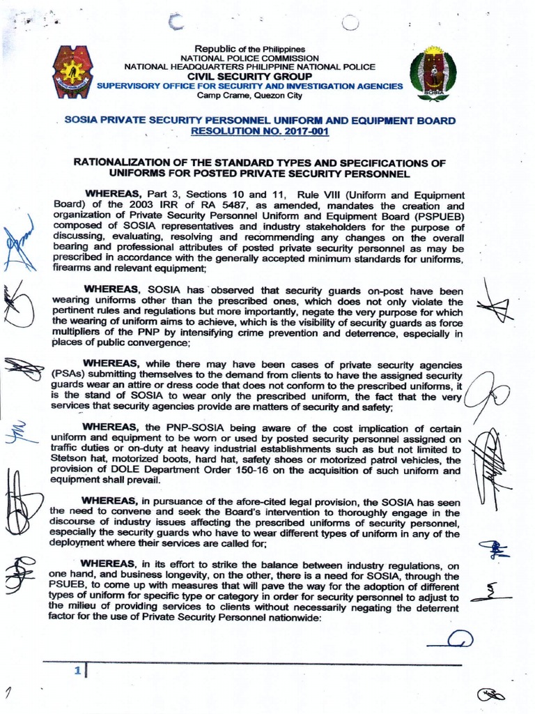 SOSIA PRIVATE SECURITY PERSONNEL UNIFORM AND EQUIPMENT BOARD RESOLUTION ...