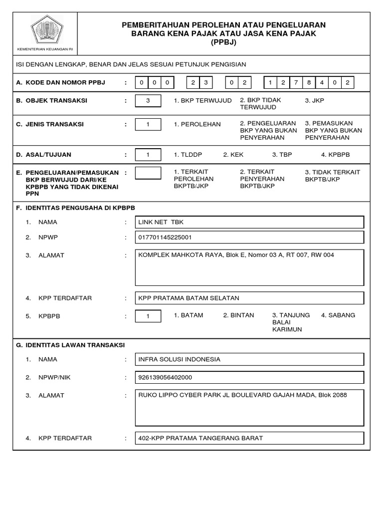 Pemberitahuan Perolehan Atau Pengeluaran Barang Kena Pajak Atau Jasa ...