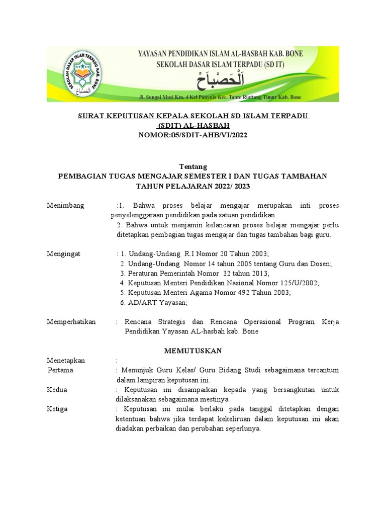 SK Pembagian Tugas Guru | PDF