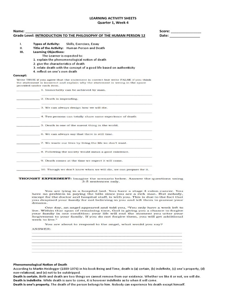 Philosophy of Death Activity Sheets | PDF