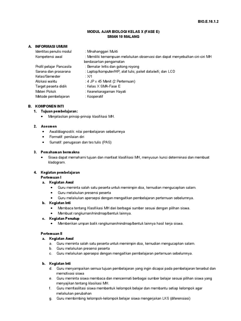 Modul Ajar Biologi Kelas X - Kehati - 2 - Klasifikasi | PDF