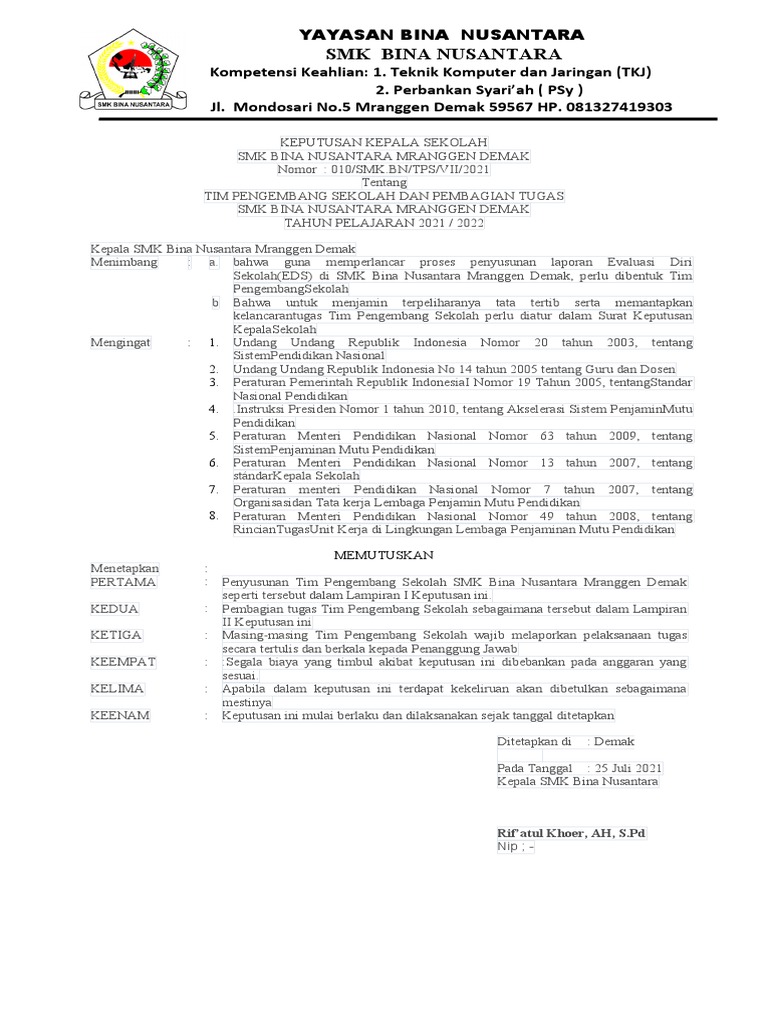 SK KPL Pengembangan Sekolah 1 | PDF