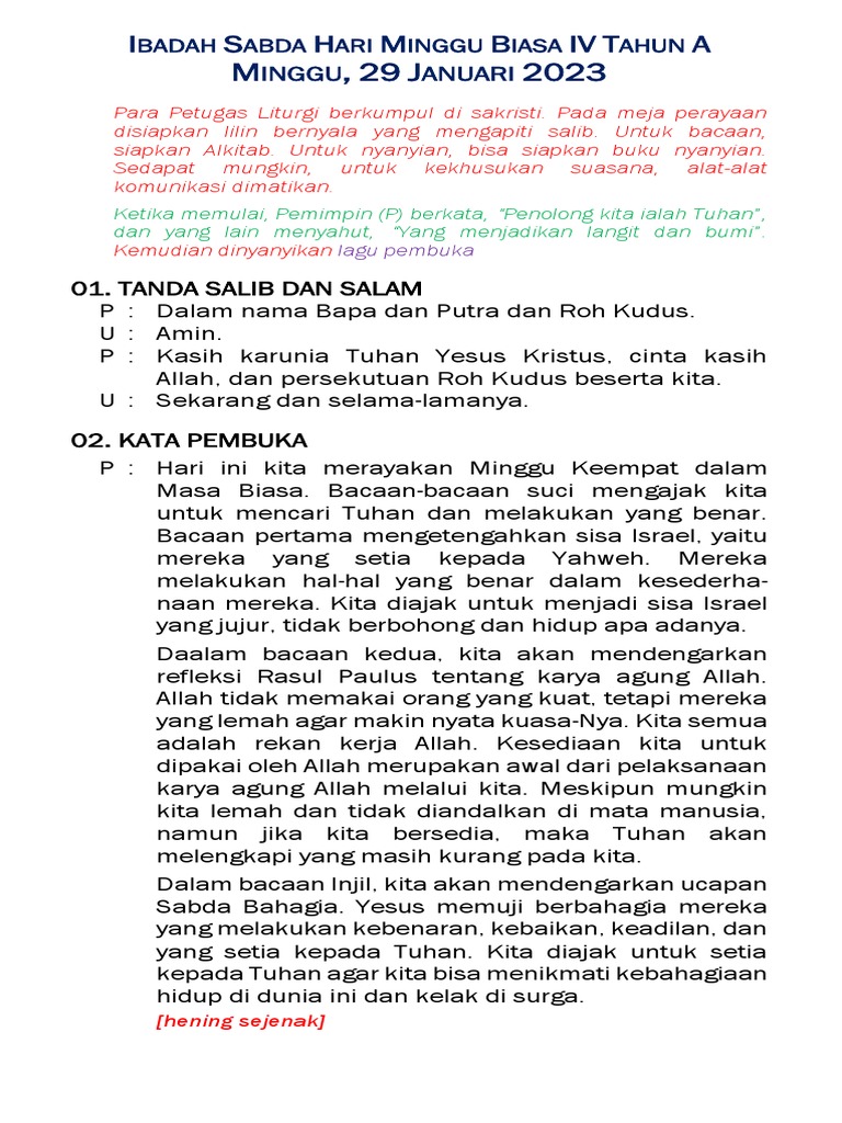 Ibadah Sabda Minggu Biasa IV Tahun A | PDF