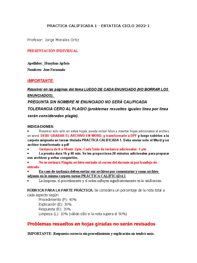 Pc1 Estática 2022 1 Seccion 1 | PDF