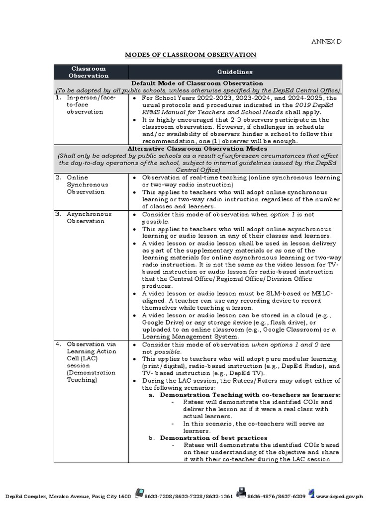 Annex D Modes Of Classroom Observation Pdf Learning Classroom
