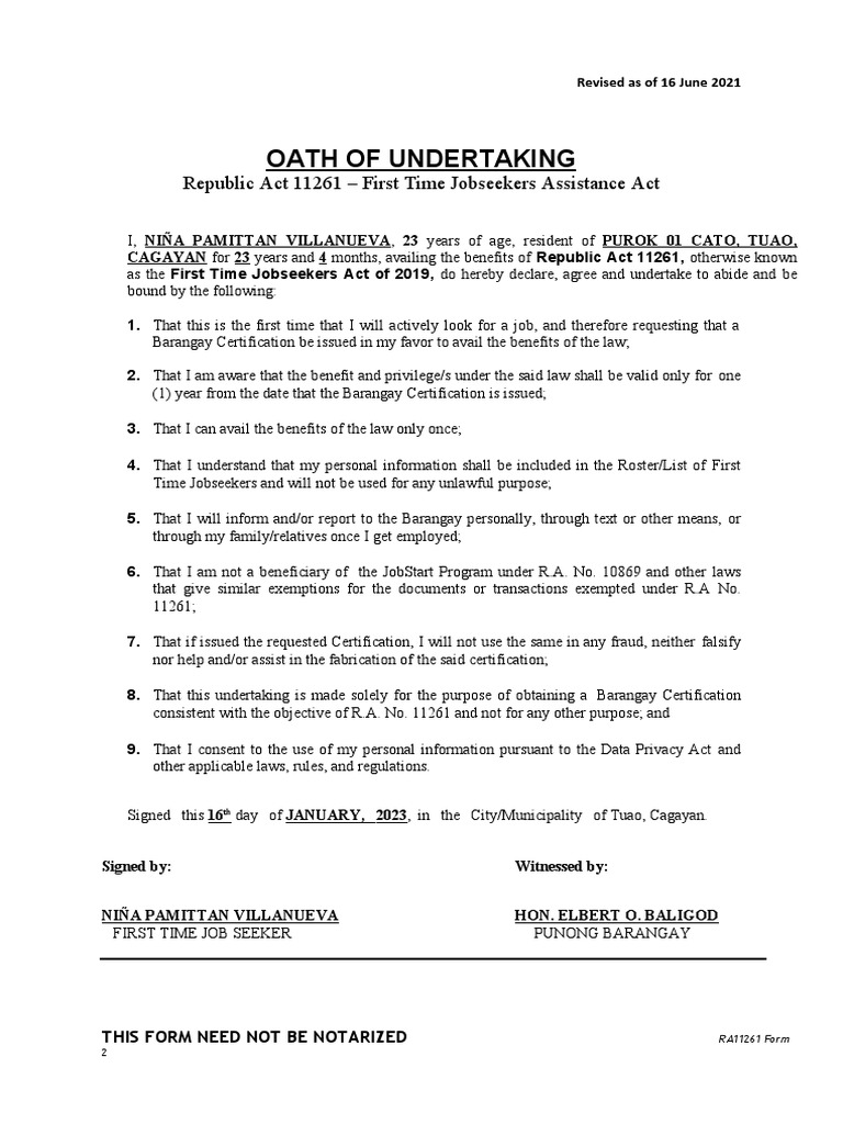 Form2 Oath of Undertaking Asof16june2021 First Time Job Seeker | PDF