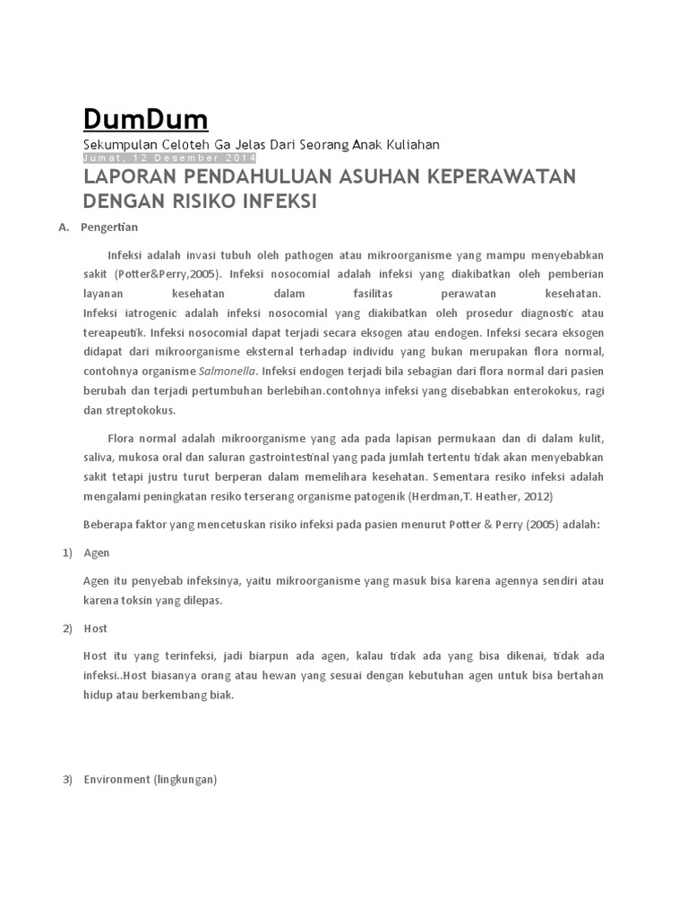 Dumdum: Laporan Pendahuluan Asuhan Keperawatan Dengan Risiko Infeksi | PDF