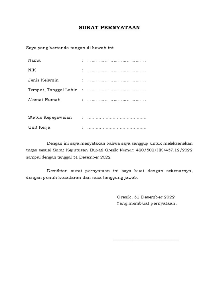 Surat Pernyataan Sanggup Melaksanakan Tugas | PDF