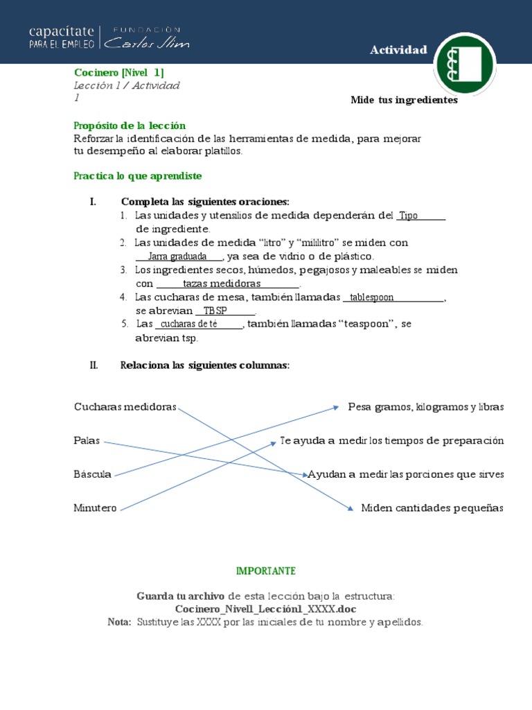 Cocinero Nivel1 Leccion1 ACM | PDF