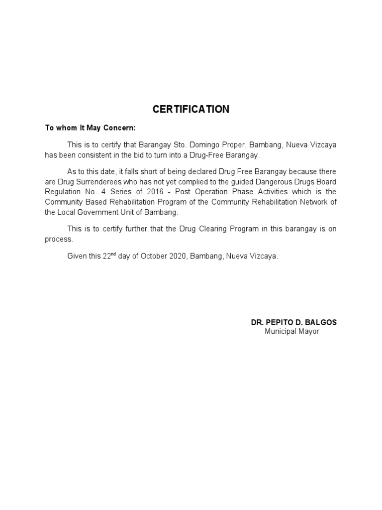 Certification of Barangay Drug Clearing On Process | PDF