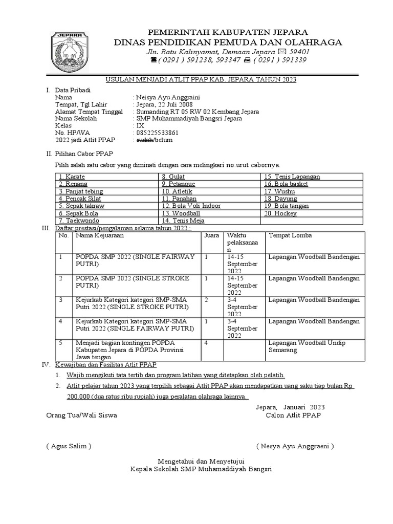 Usulan Atlet PPAP Jepara 2023 | PDF