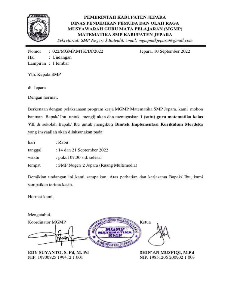 Undangan Peserta Bimtek IKM 14 Dan 21 September 2022 | PDF