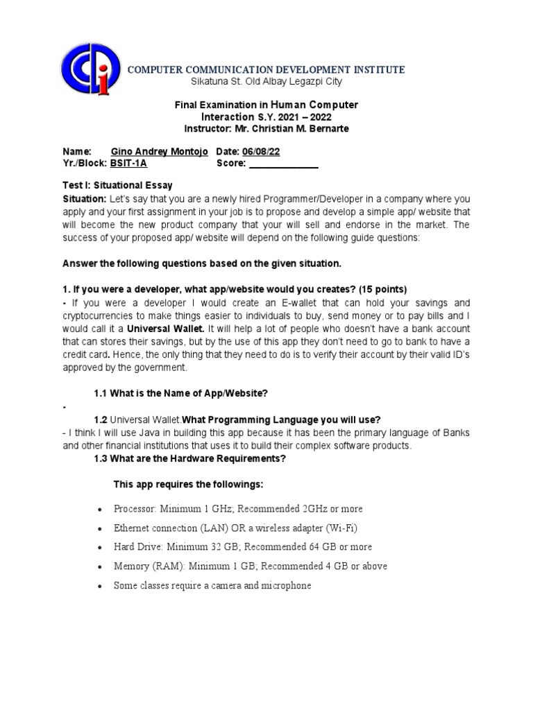 Human Computer Interaction Final Exam BSCS 1 BST 1A BSIS 1 | PDF | Cryptocurrency | Computer ...