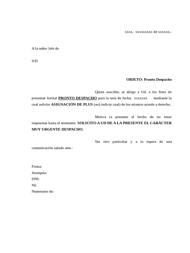 Nota modelo Pronto Despacho solicitud plus | PDF