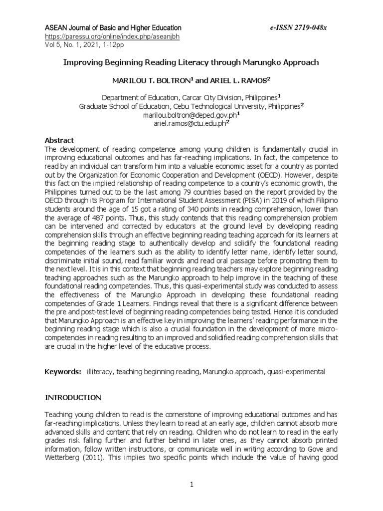 Improving Beginning Reading Literacythrough Marungko Approach | PDF | P ...