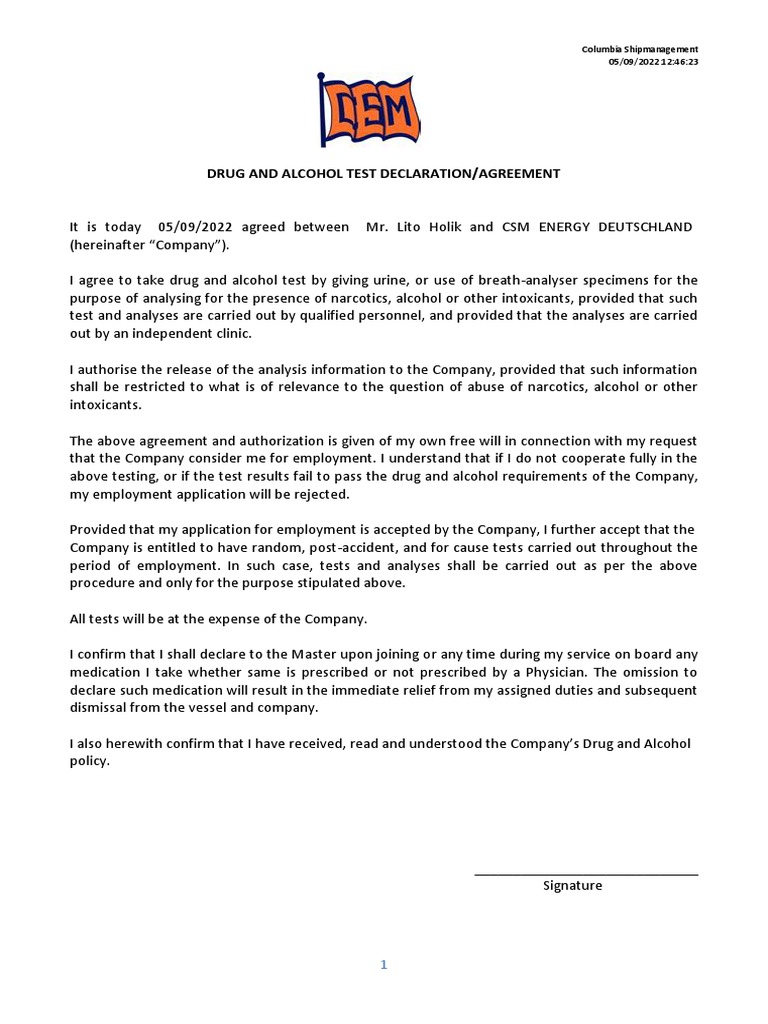 Drug and Alcohol Declaration HOLIK LITO | PDF | Prohibition Of Drugs ...