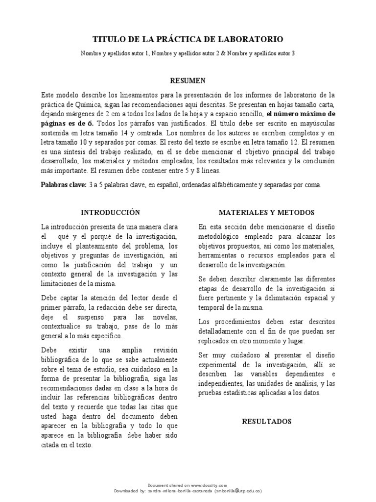 Plantilla para La Presentación de Informes de Laboratorio Tipo Artículo.2023 | PDF ...