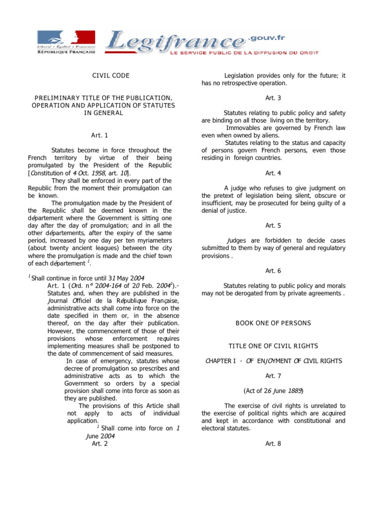 French Civil Code | PDF | Naturalization | Decree