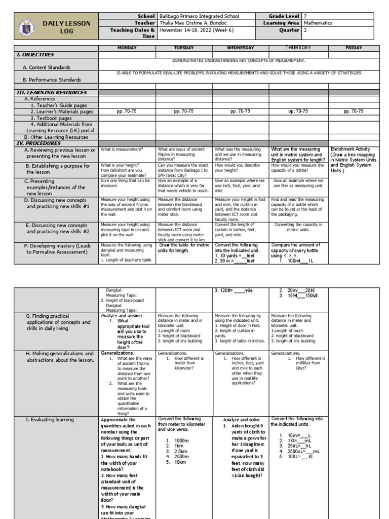 Math Grade 7 DLL Q2 W1 | PDF | Foot (Unit) | Metre