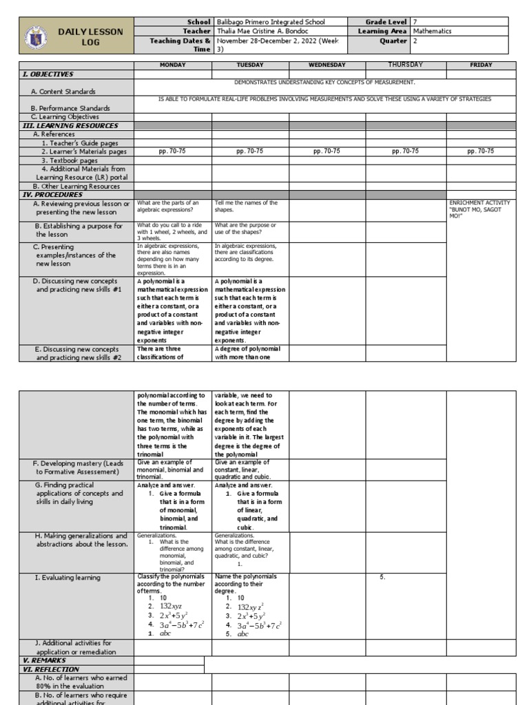 Math Grade 7 DLL Q2 W5 | PDF | Polynomial | Mathematics