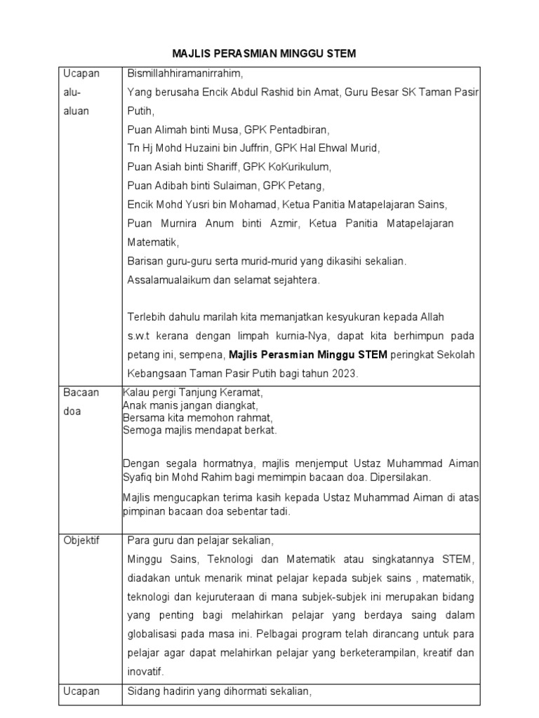 Teks MC Majlis Perasmian Minggu STEM SKTPP | PDF