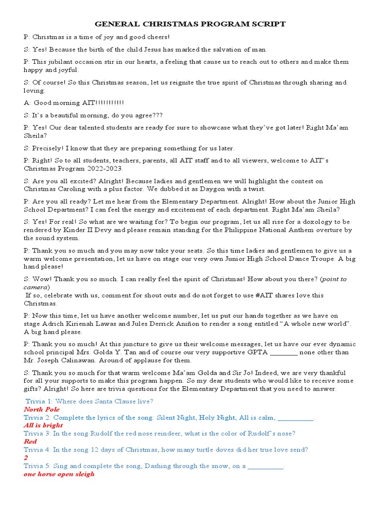AIT Christmas Program Script 2022-2023 | PDF | Santa Claus | Christmas