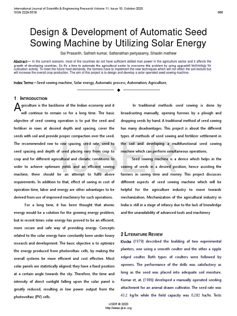Design Development Of Automatic Seed Sowing Machine By Utilizing Solar