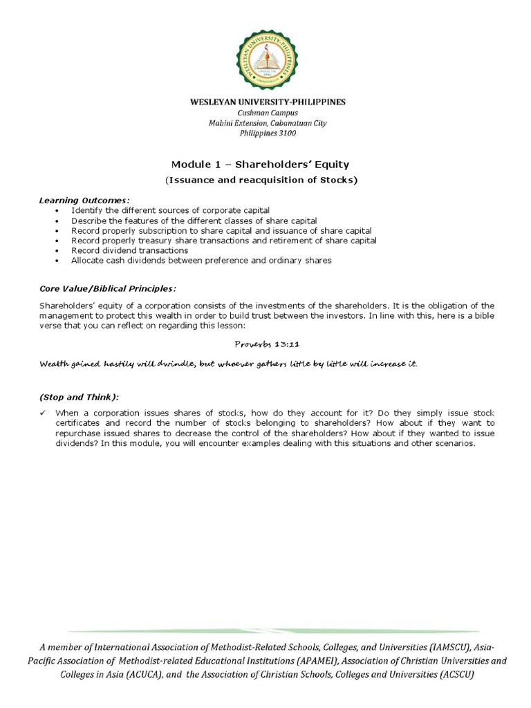 Shareholders' Equity (Student's Reference) | PDF | Treasury Stock | Stocks