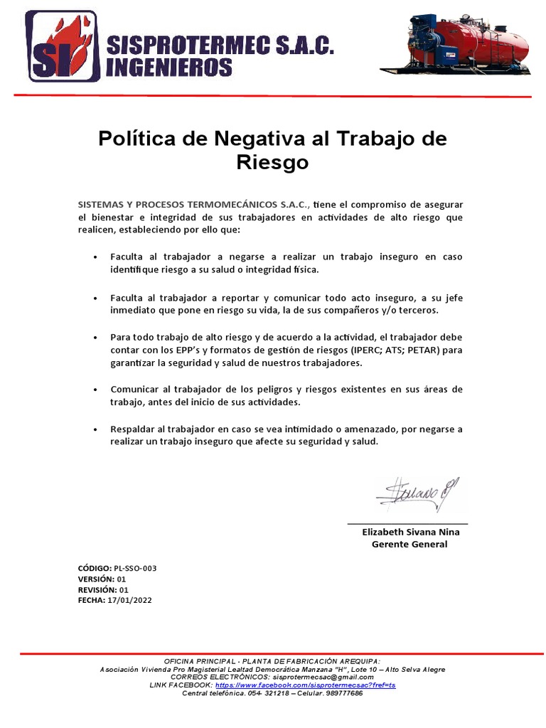 Política Negativa Al Trabajo de Riesgo | PDF