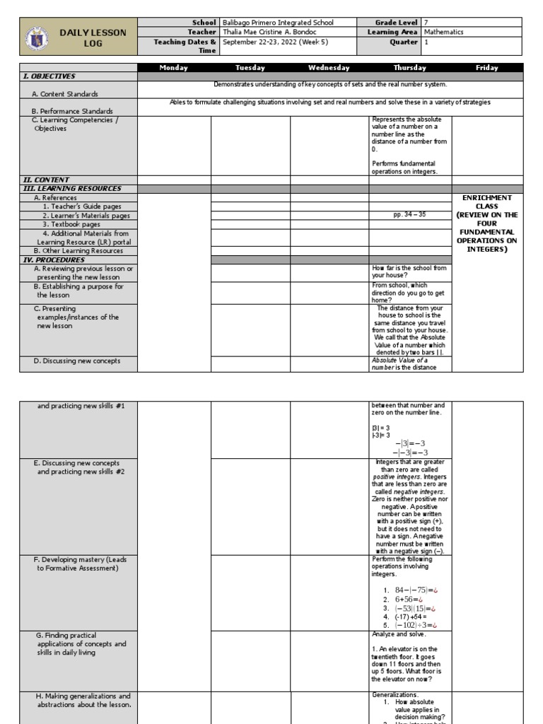 Math Grade 7 DLL Q1W5 INTEGERS | PDF | Learning | Numbers