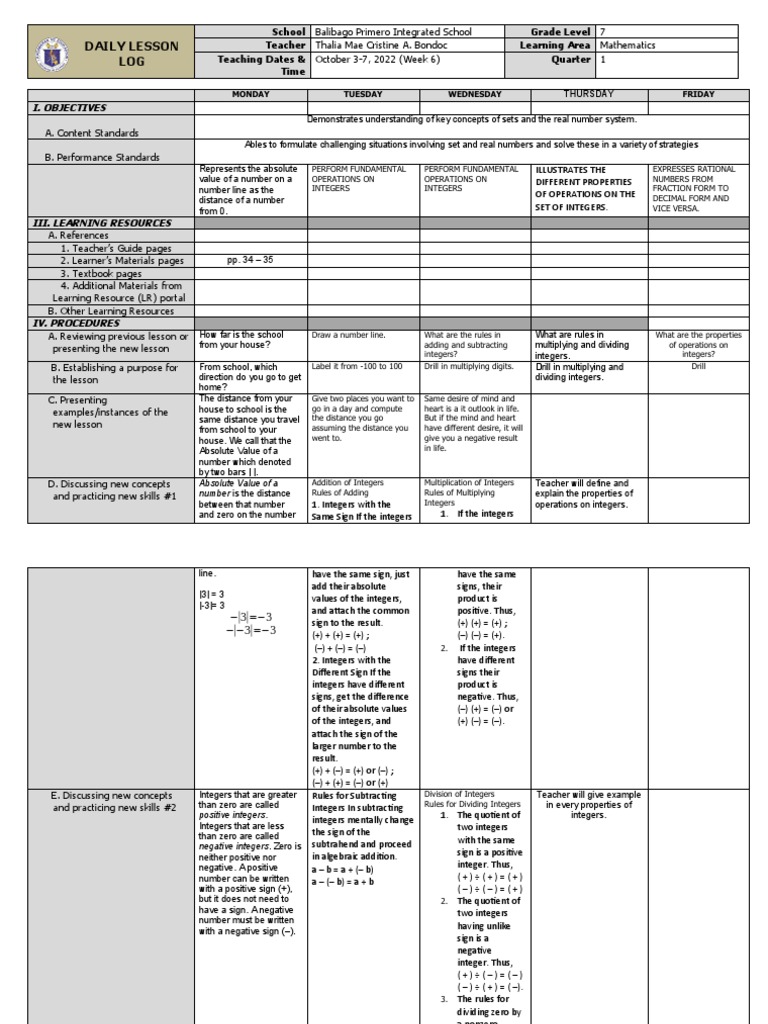 Math Grade 7 DLL Q1W6 | PDF | Integer | Division (Mathematics)