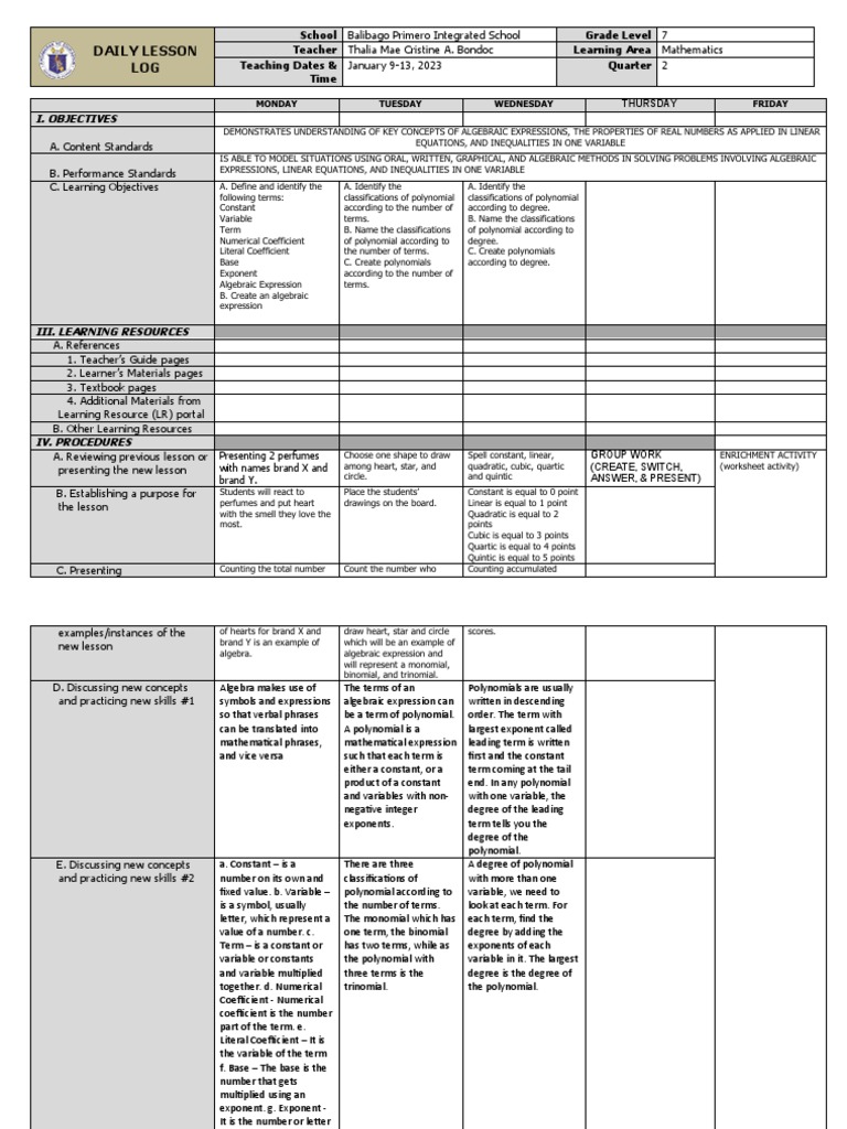 Grade 7 Algebra Lesson Plan | PDF | Polynomial | Variable (Mathematics)