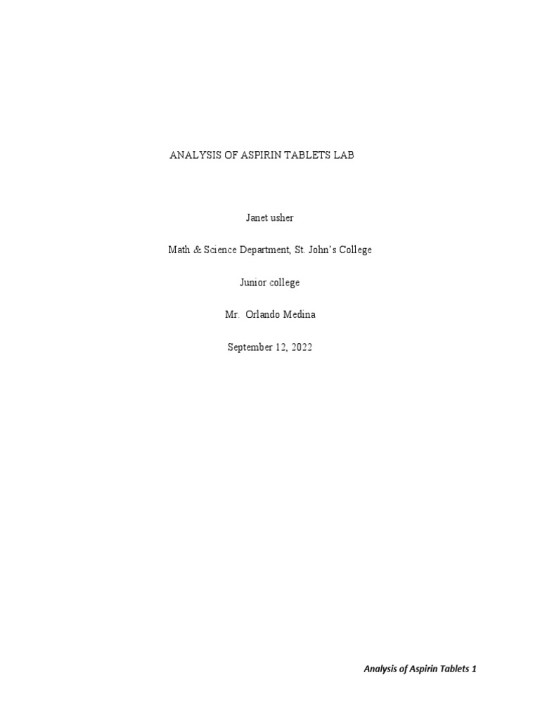 Aspirin Tablet Analysis Lab Report | PDF | Titration | Chemistry